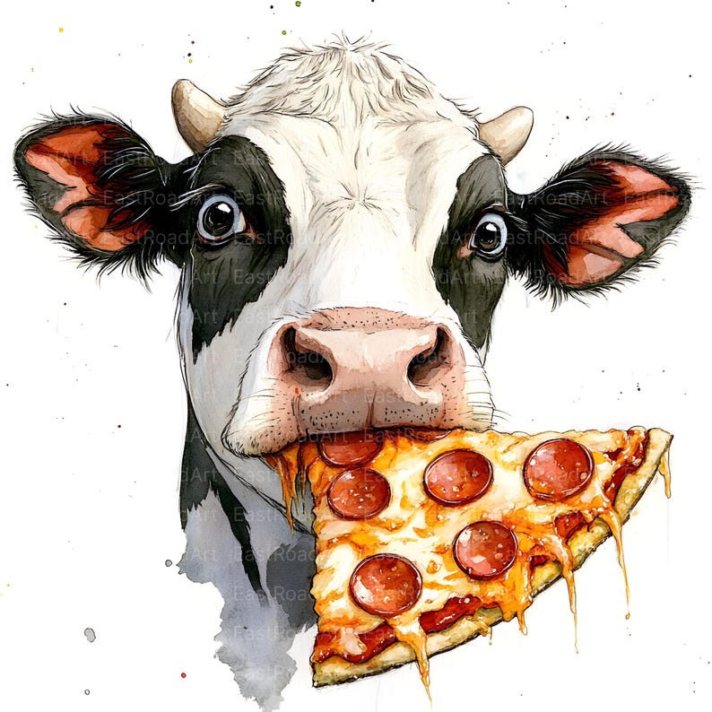 Funny Cow Eating Pizza Clipart, 18 JPG Comics Farm Animal Cartoon ...