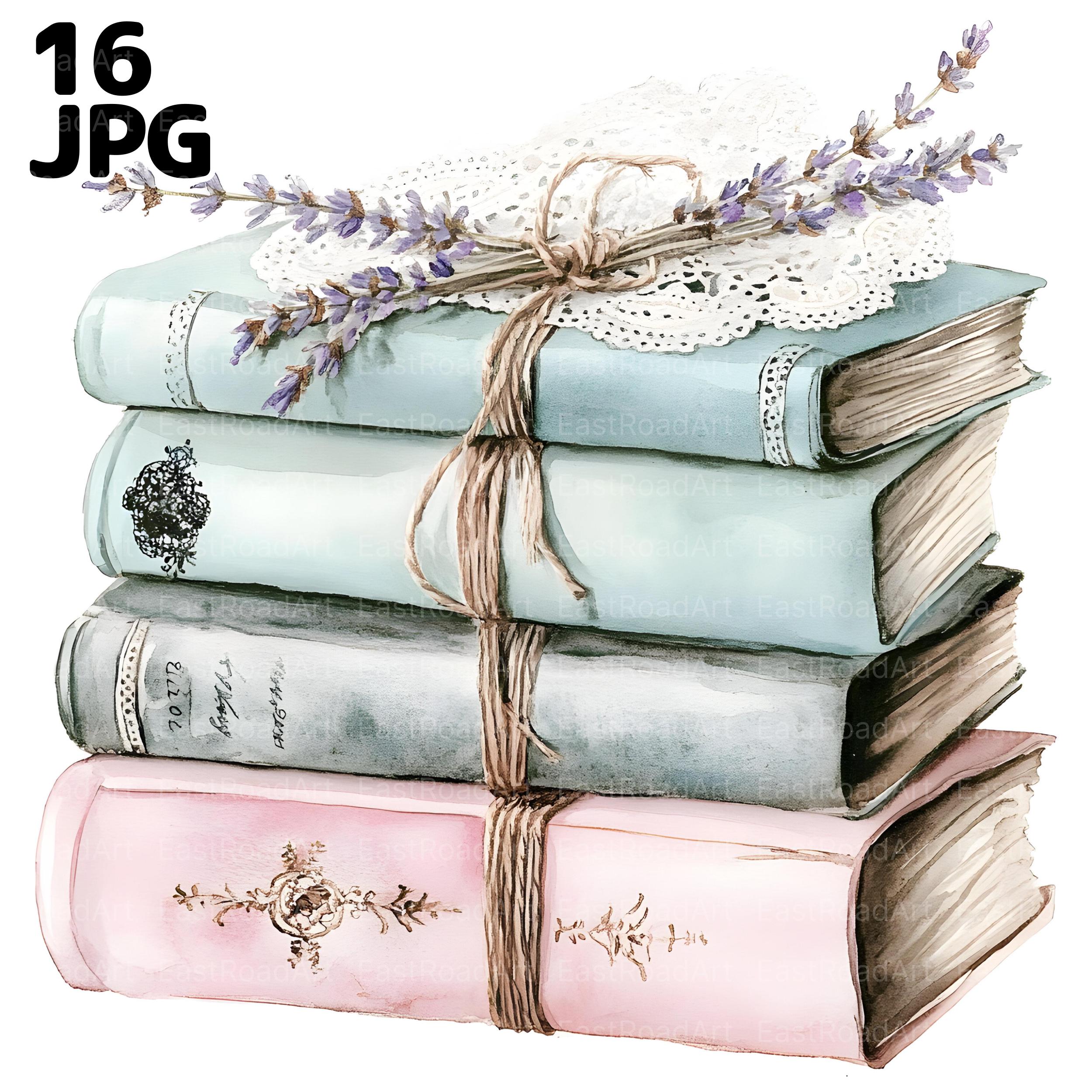 16 Cottage Shabby Chic Books Clipart, Pastel Flowers, Stacked Books ...