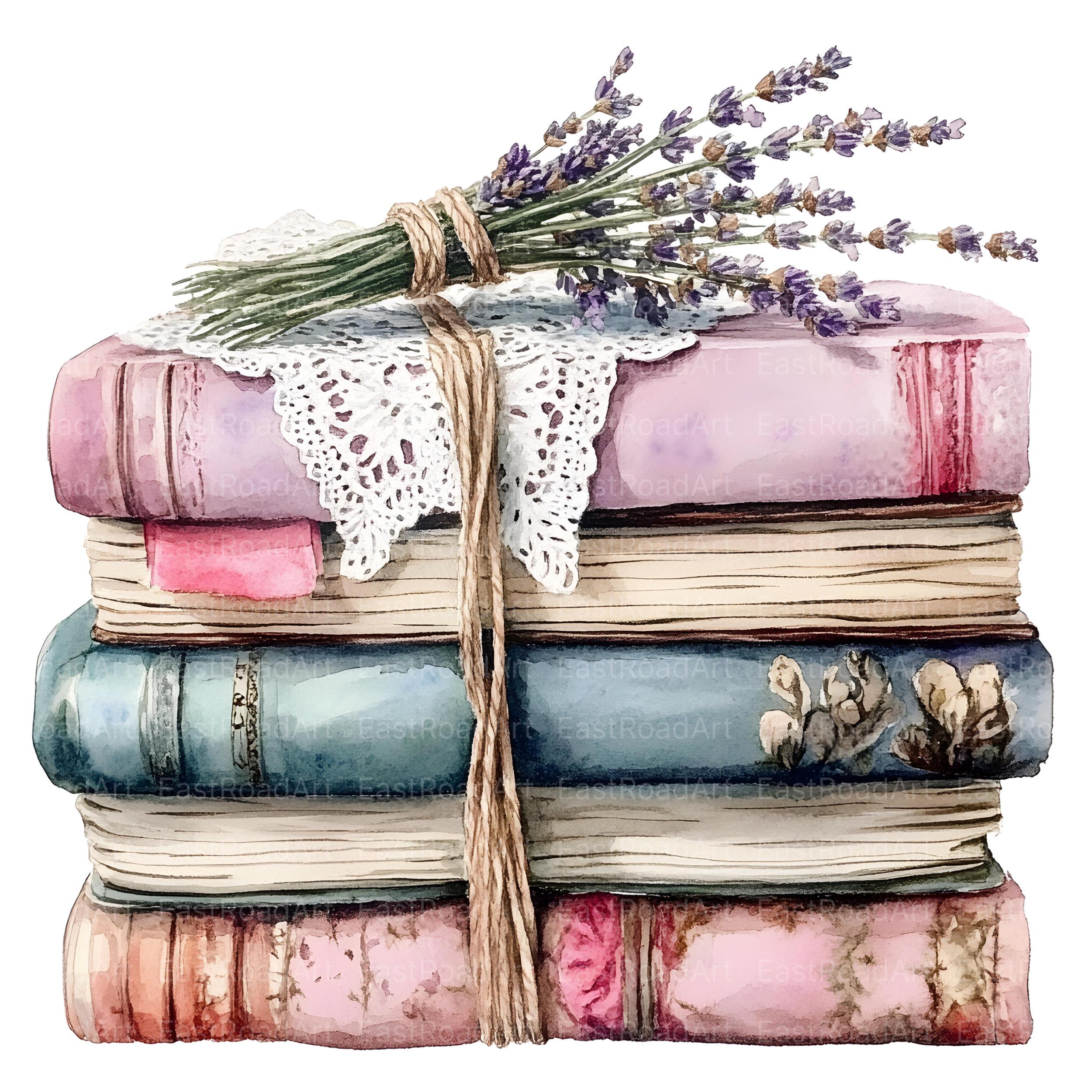16 Cottage Shabby Chic Books Clipart, Pastel Flowers, Stacked Books ...