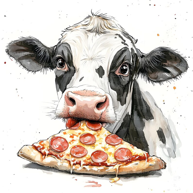 Funny Cow Eating Pizza Clipart, 18 JPG Comics Farm Animal Cartoon ...