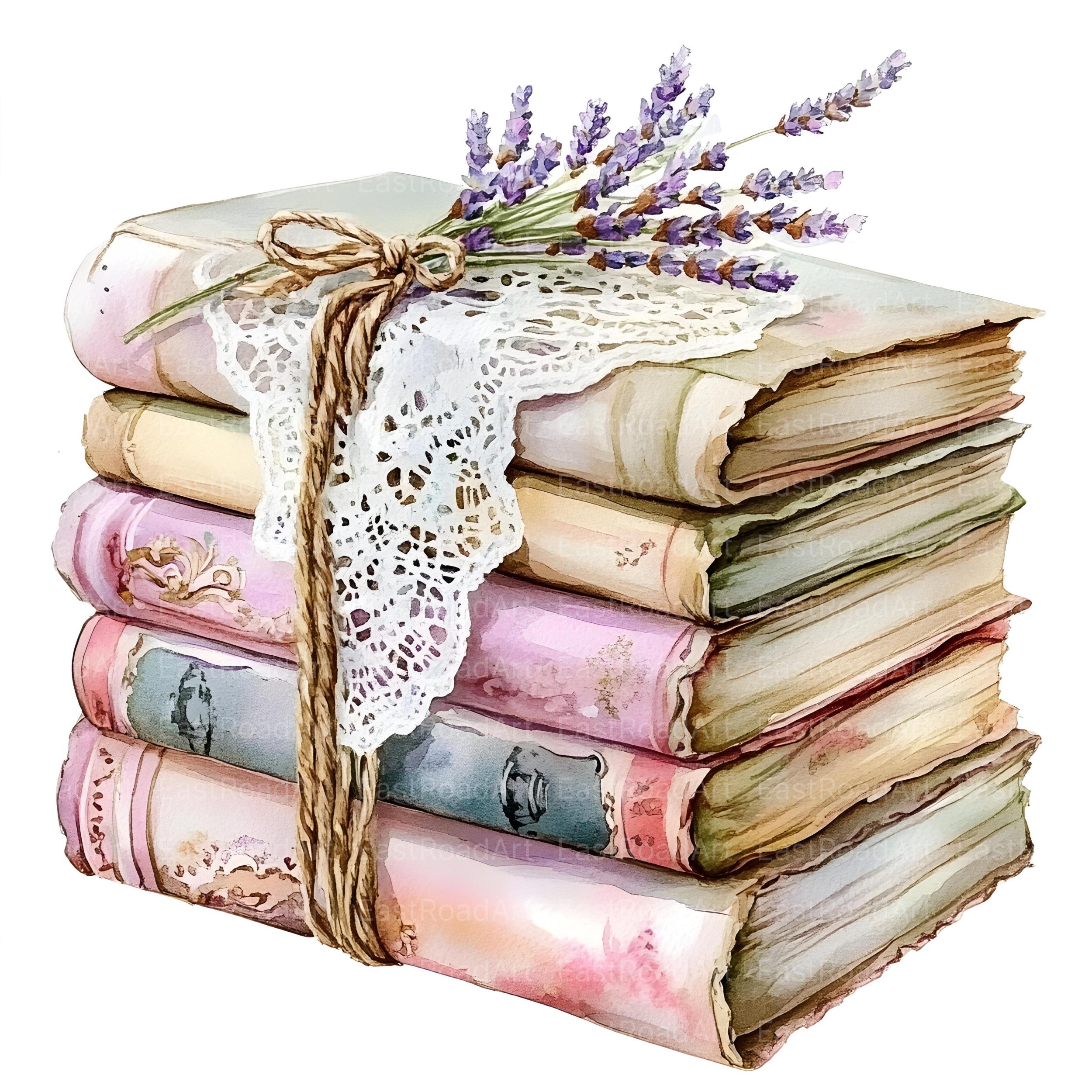 16 Cottage Shabby Chic Books Clipart, Pastel Flowers, Stacked Books ...