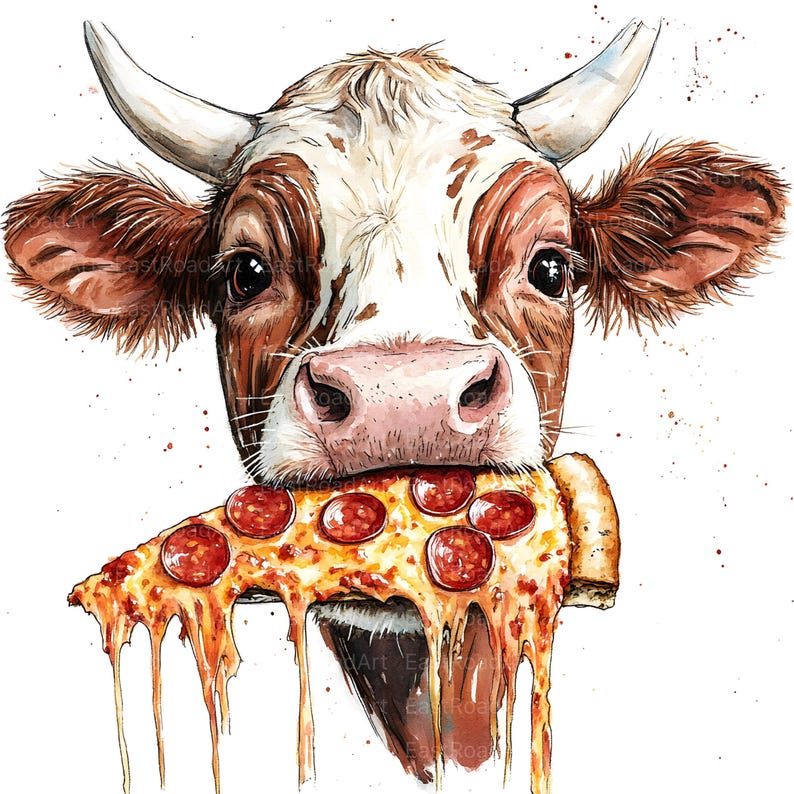 Funny Cow Eating Pizza Clipart, 18 JPG Comics Farm Animal Cartoon ...
