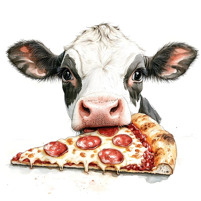 Funny Cow Eating Pizza Clipart, 18 JPG Comics Farm Animal Cartoon ...