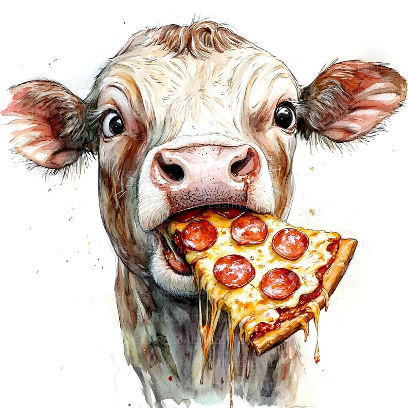 Funny Cow Eating Pizza Clipart, 18 JPG Comics Farm Animal Cartoon ...