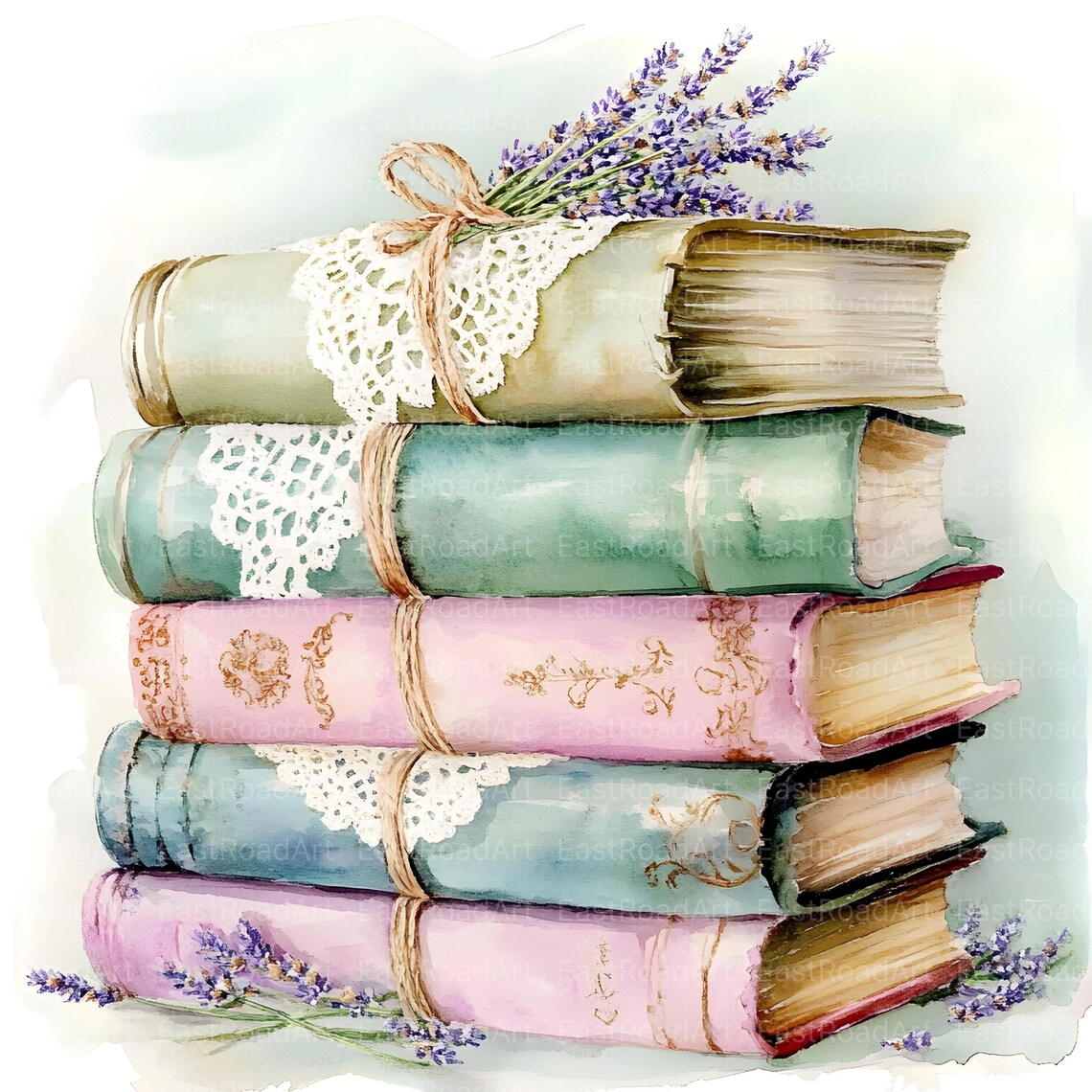 16 Cottage Shabby Chic Books Clipart, Pastel Flowers, Stacked Books ...