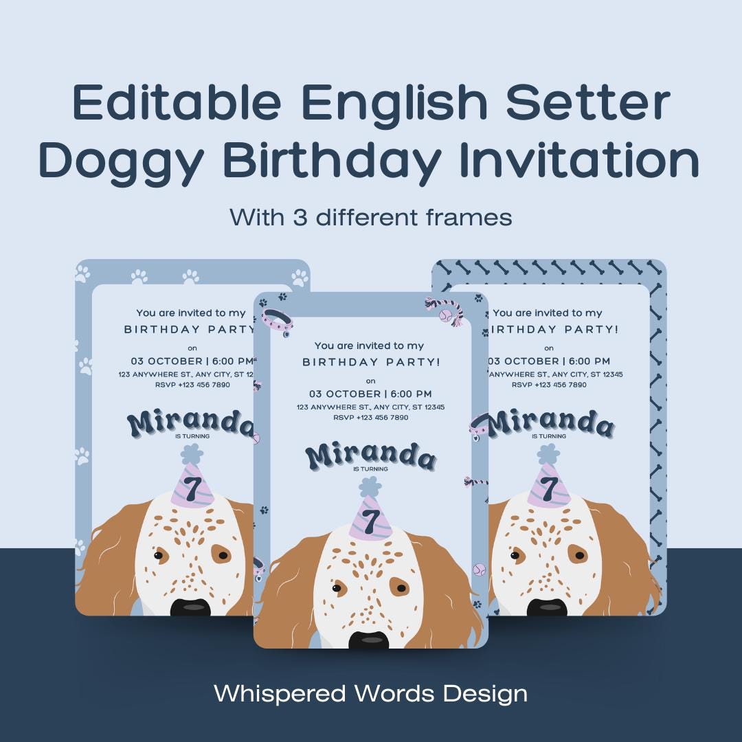 English Setter Dog Birthday Party Invitation - Editable Canva Template ...