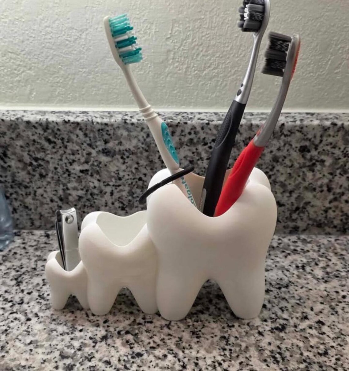 Triple Toothbrush Holder 3D Printed Tooth Design White Dental Organizer ...