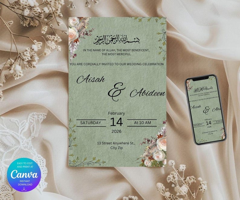 Elegant Floral Islamic Arabic Wedding Invitation Template | Invite Card ...