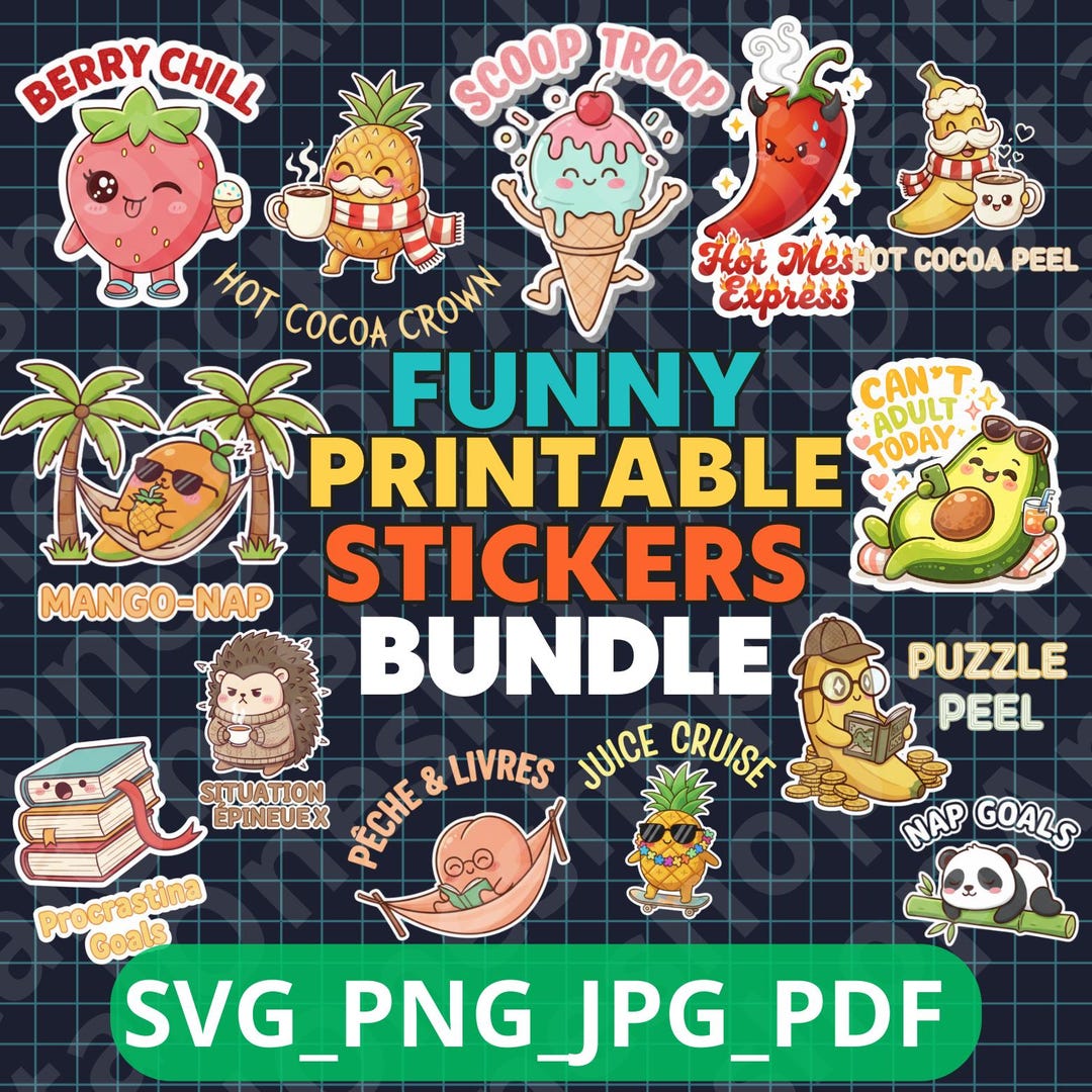 Funny Food Pun Stickers Bundle, Sarcastic Kawaii Designs (digital ...