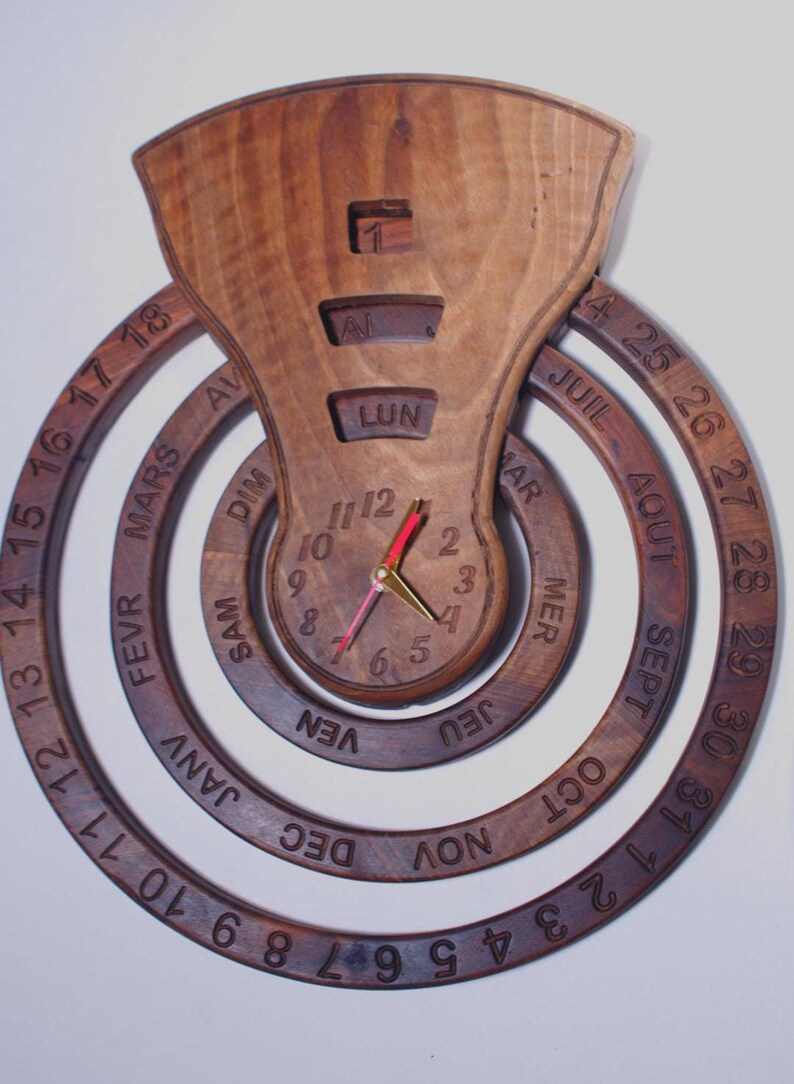 Rustic Vintage Handcrafted Walnut Wall Clock & Perpetual Calendar Unique Moroccan Artisan Design ...