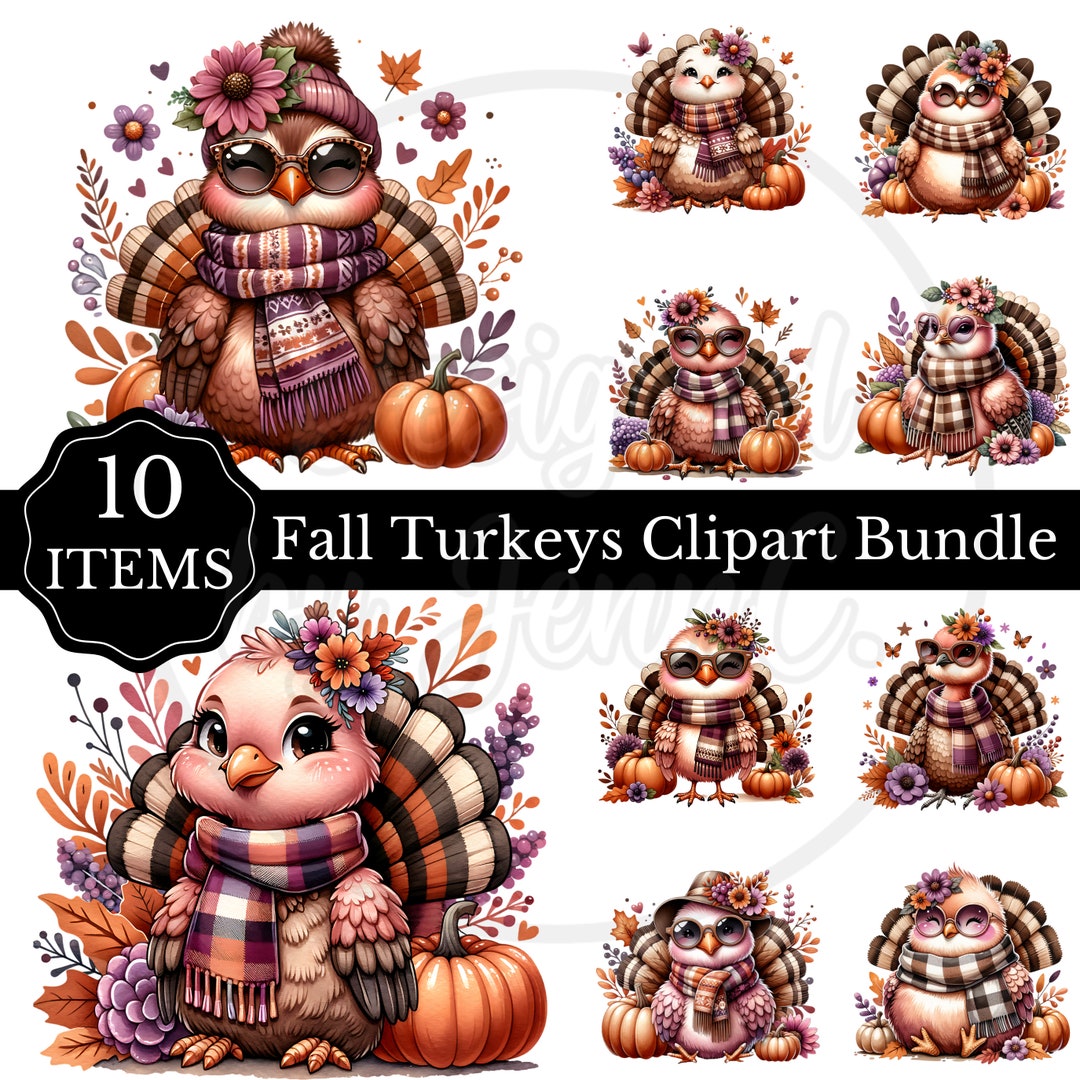 Fall Turkey Clipart Bundle, Watercolor Turkey PNG Graphics, Set of 10 ...