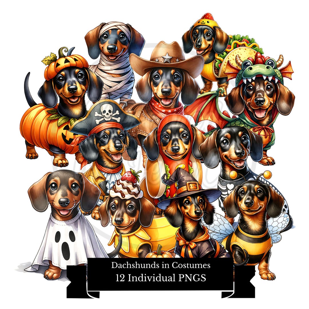 Halloween Dachshund Png Bundle, Dachshunds in Halloween Costumes PNG ...