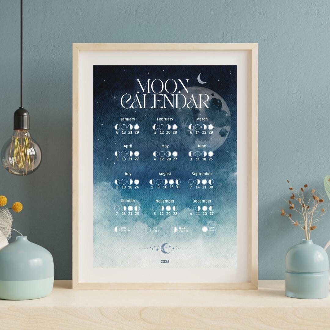 2025 Moon Phase Calendar Printable Blue Watercolor Lunar Wall Art ...
