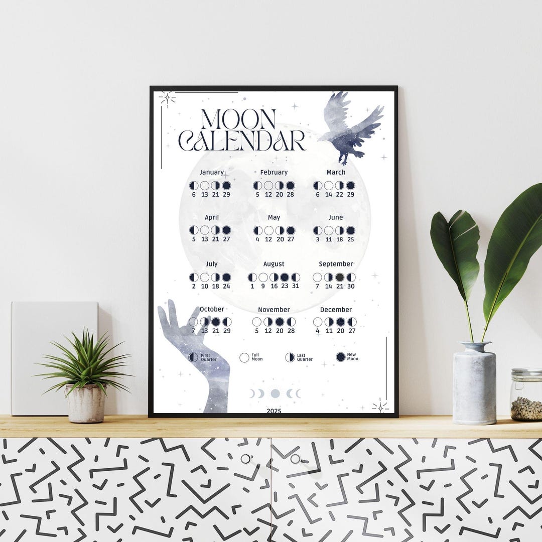 Raven Moon 2025 Moon Phase Calendar Printable Watercolor Lunar Wall Art ...