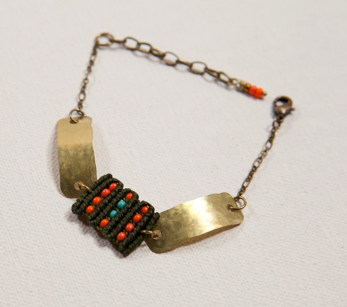 Circuit Bracelet With Hammered Brass (orange Beads) - Etsy
