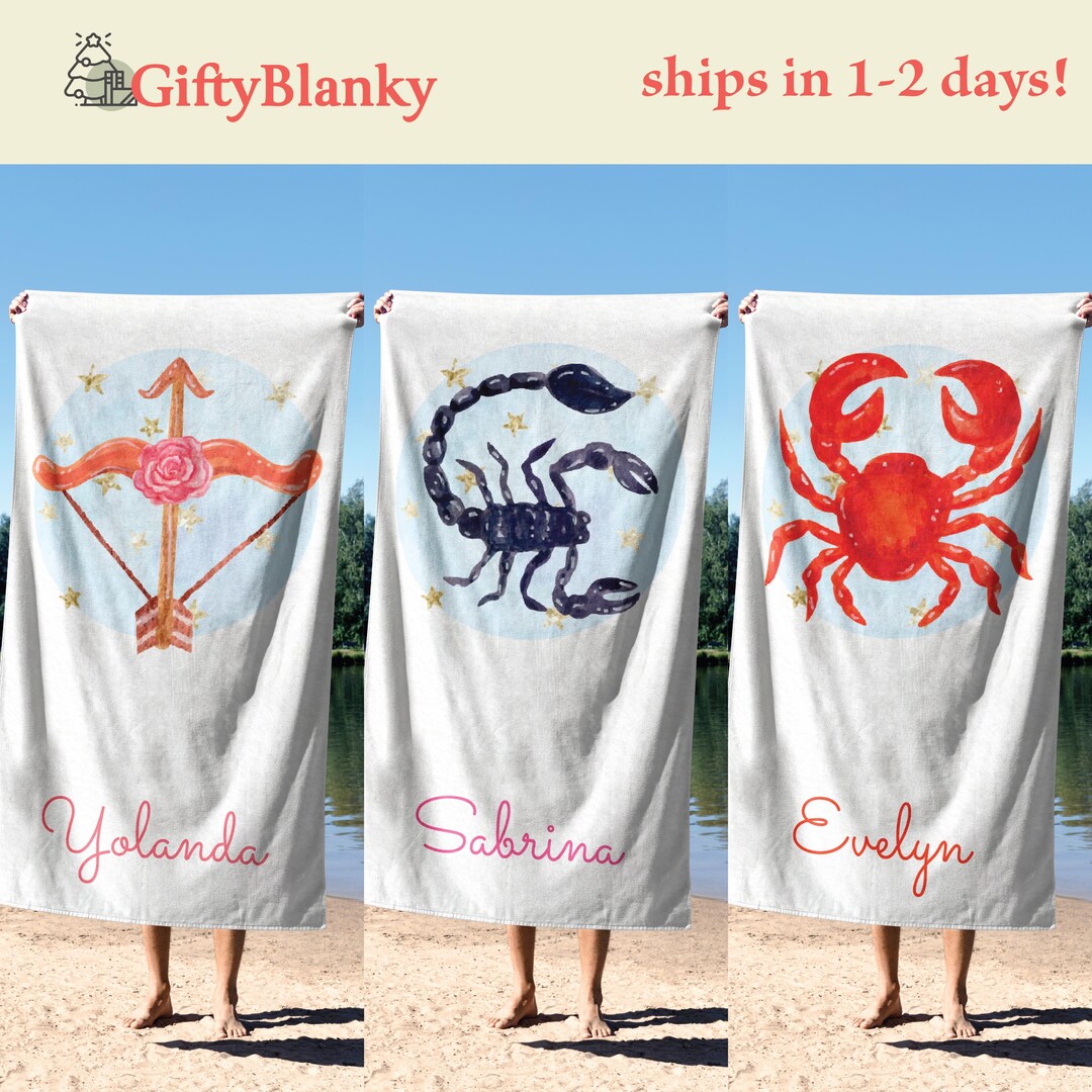 Zodiac Sign Custom Beach Towel, Personalized Astrology Horoscope Summer ...