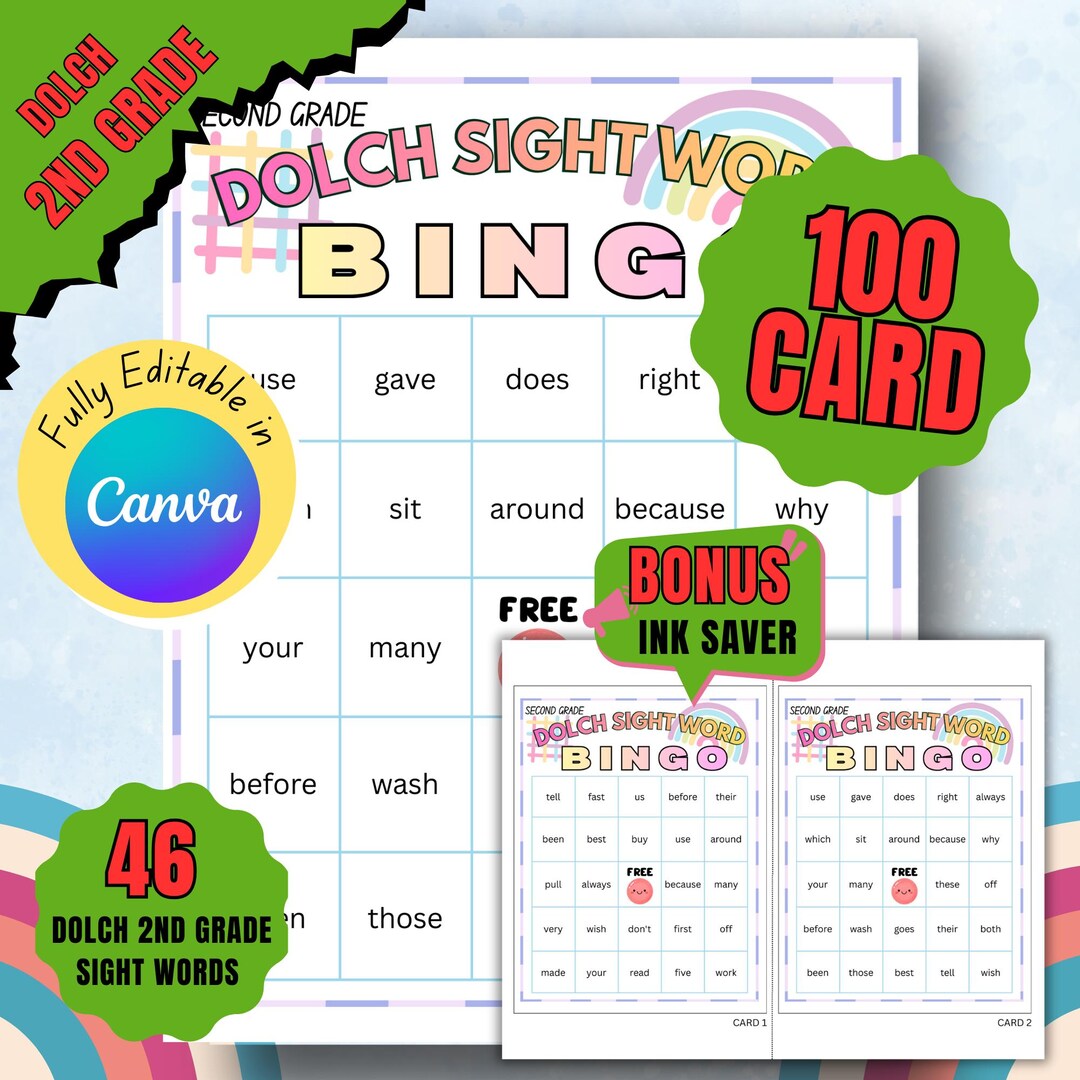 Sight Words Bingo, Dolch Second Grade, 100 Card Printable (digital ...