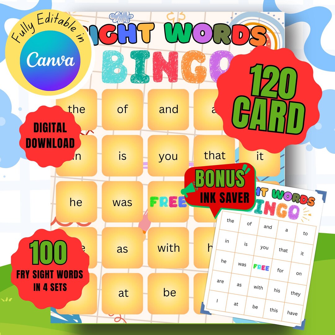 Sight Words Bingo Game, Fry's 100 Words, 120 Cards, Canva Editable ...