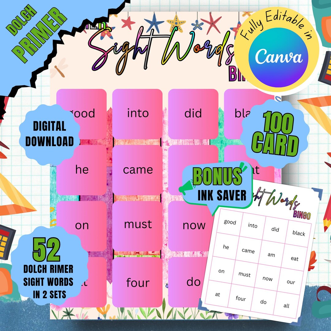 Sight Words Bingo, Dolch Primer, 100 Cards, Canva Editable (digital ...
