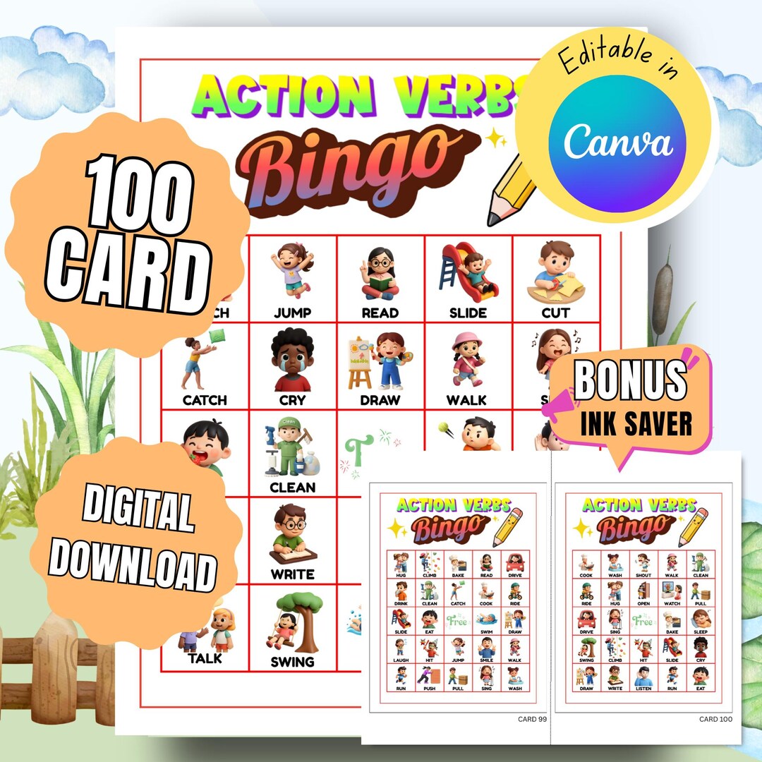 Action Verbs Bingo Game, 100 Cards, Grammar Learning Activity, Canva ...