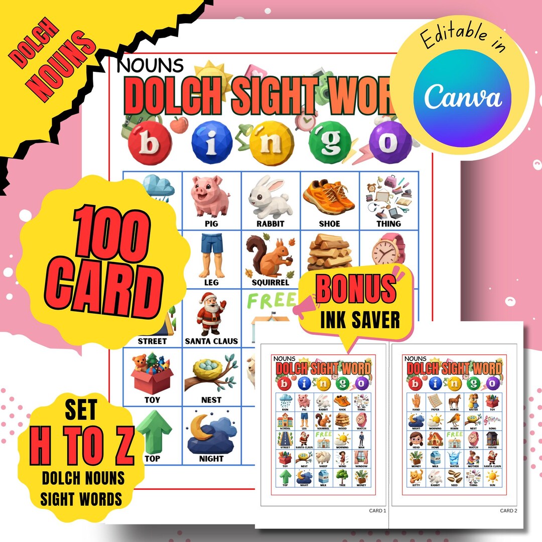 Dolch Nouns Bingo, Sight Words Game, Classroom Activity (PDF, Editable ...