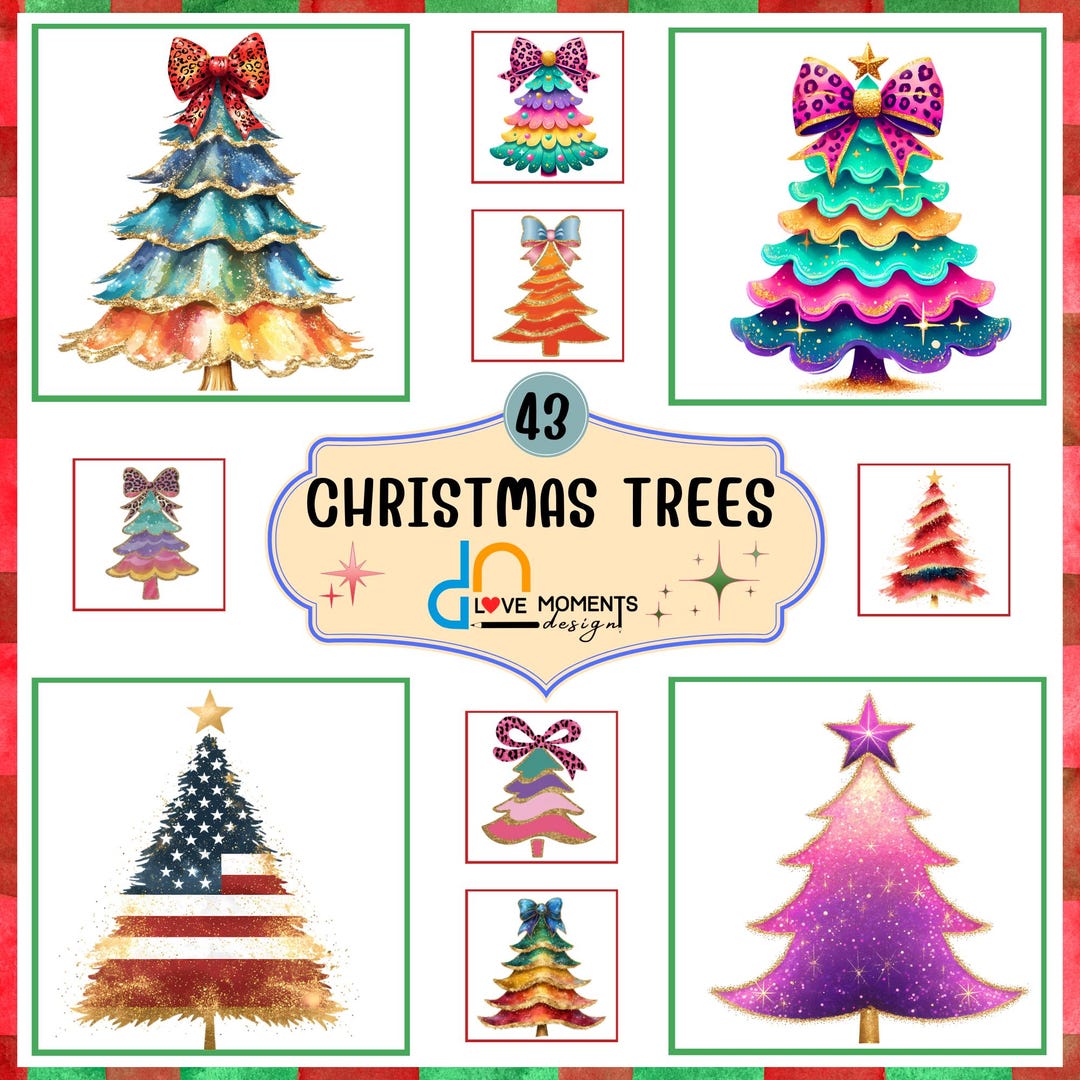 Girly Christmas Trees Bundle Clipart Set of 43 PNG Files, Colorful ...