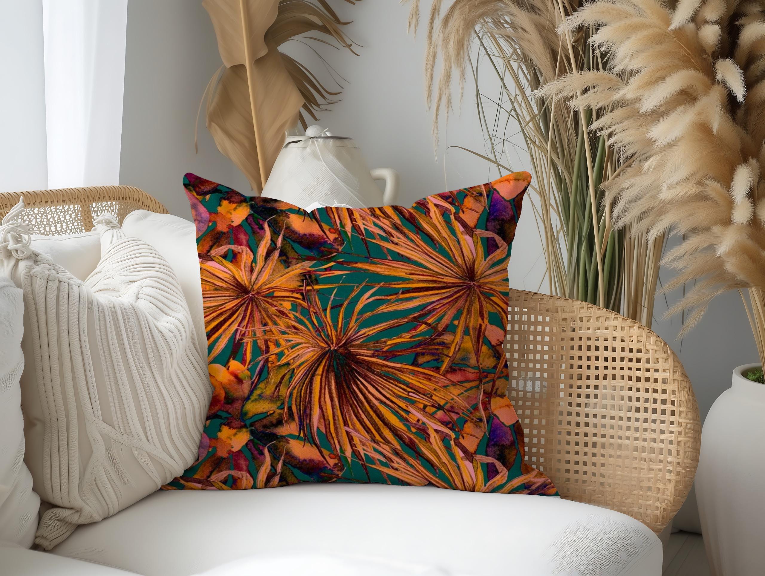 Vintage Tropical Leaf Pillow Cover, Distressed Fall Cushion, Autumn ...