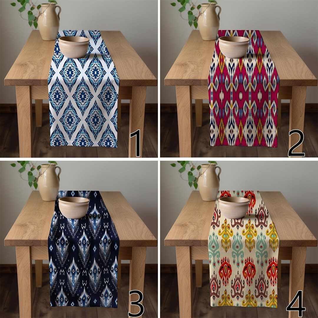 Ethnic Design Table Runner, Ikat & Geometric Pattern Kitchen Runners, Traditional Boho ...
