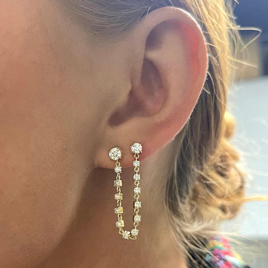 Diamond Double Piercing Chain Stud Earrings Delicate Drop Earring Two ...