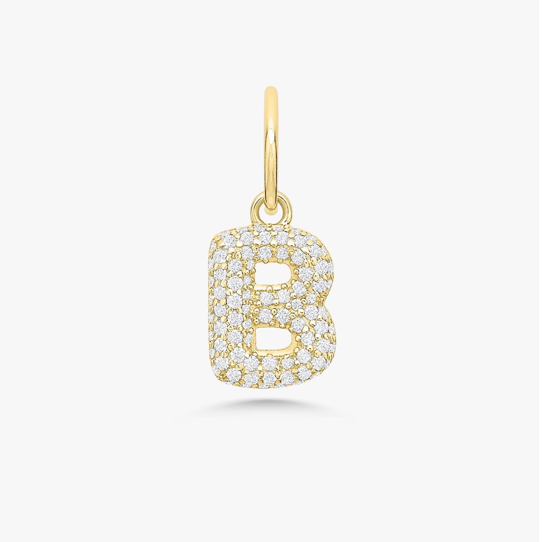 14k Solid Gold Natural Diamond Letter Pendant Custom Bubble Letter ...