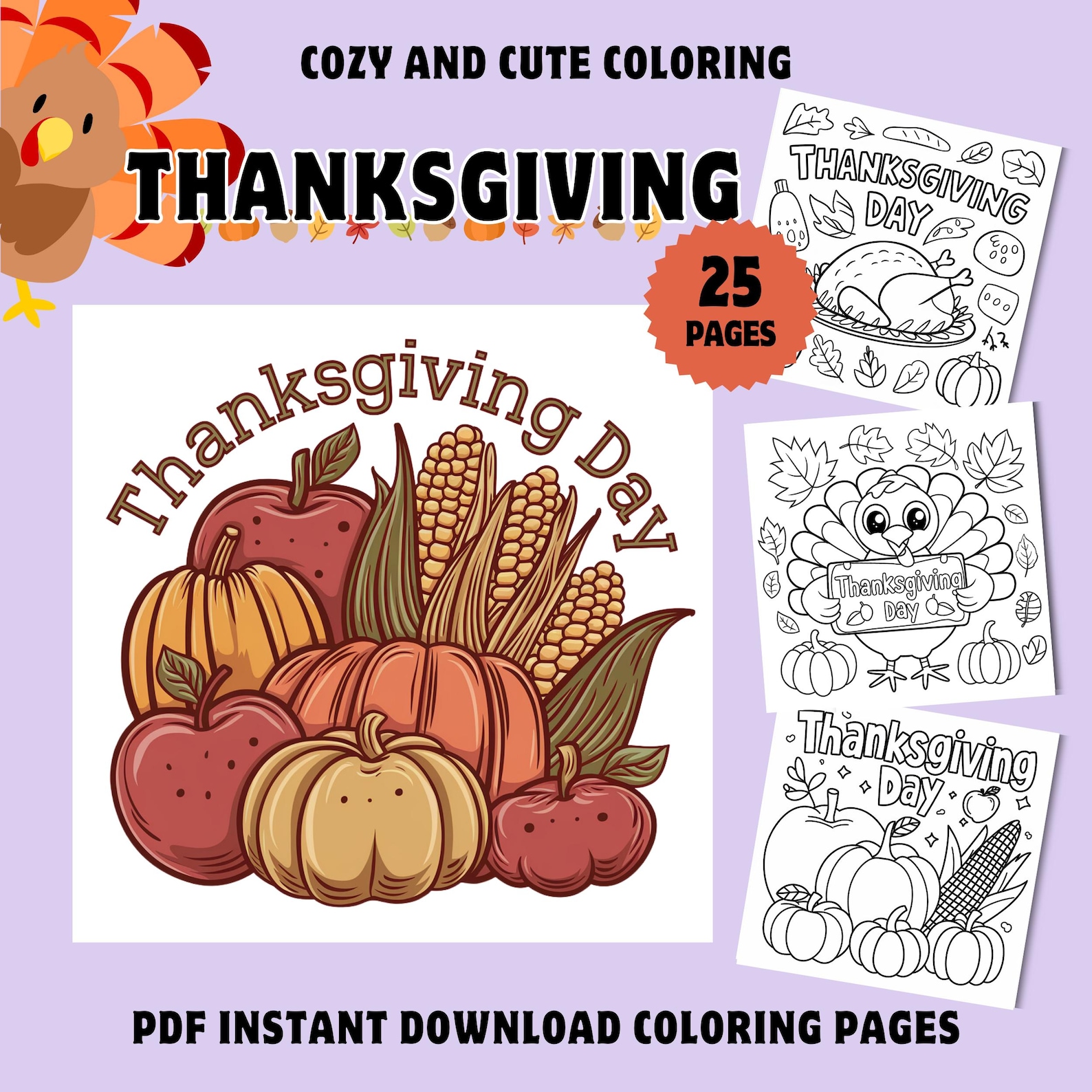Thanksgiving Coloring Pages, 30 Easy Holiday Designs (PDF Download) - Etsy
