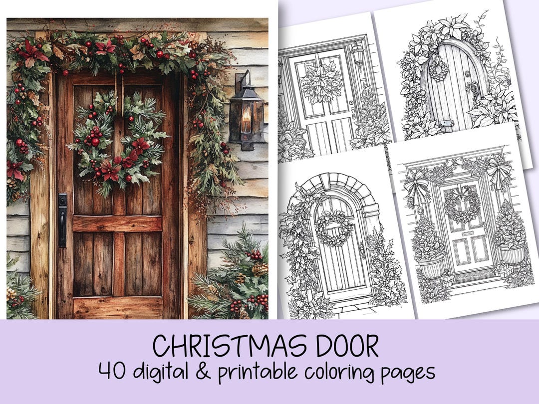 Floral Christmas Door Coloring Pages for Adults | Festive Holiday ...