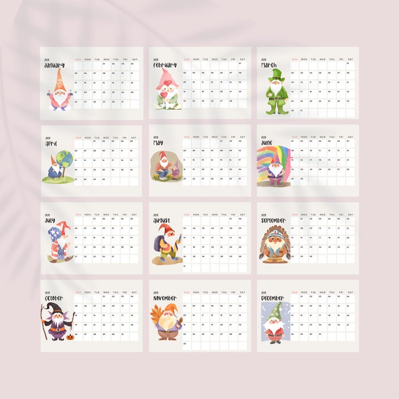 Monthly Gnome Calendar 2025, Whimsical Gnome Calendar, 2025 Whimsical ...