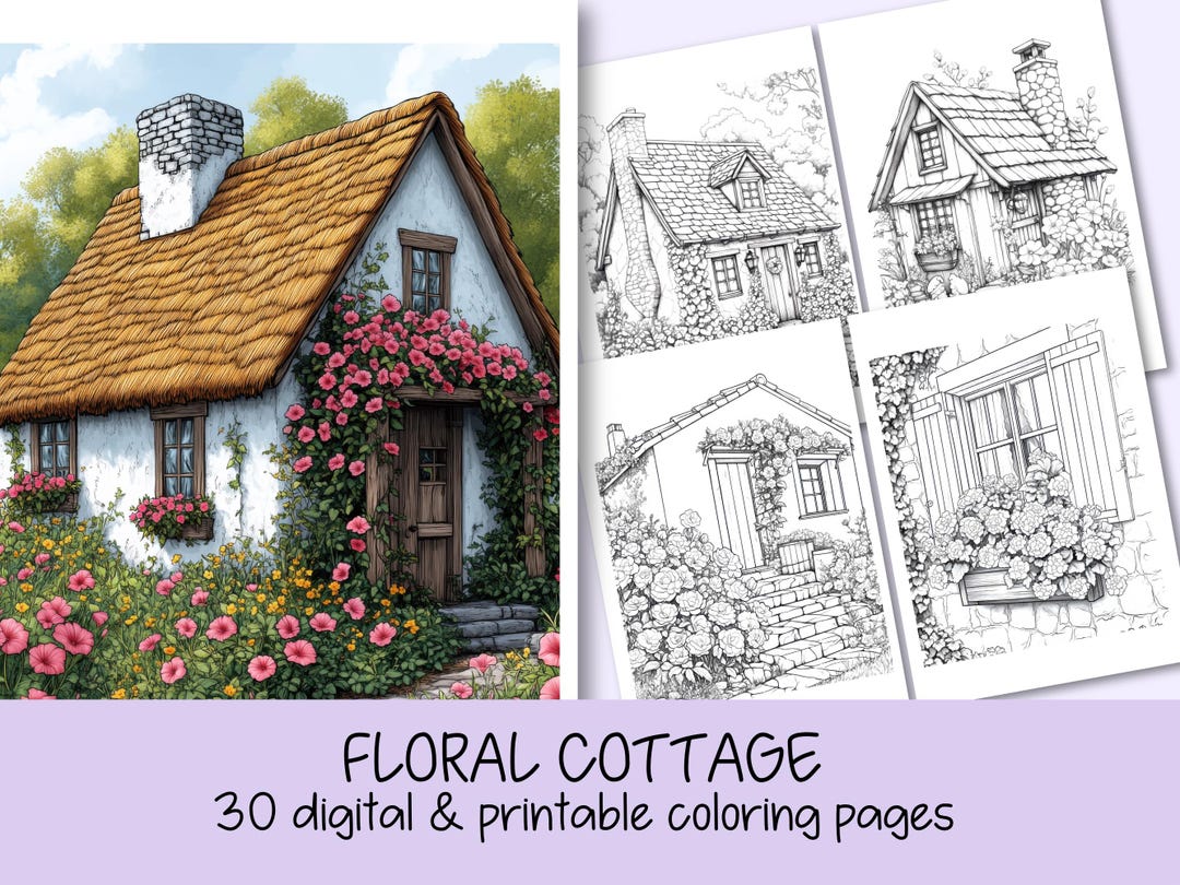 Floral Cottage Coloring Pages | Printable Cozy Cottage Core Art ...