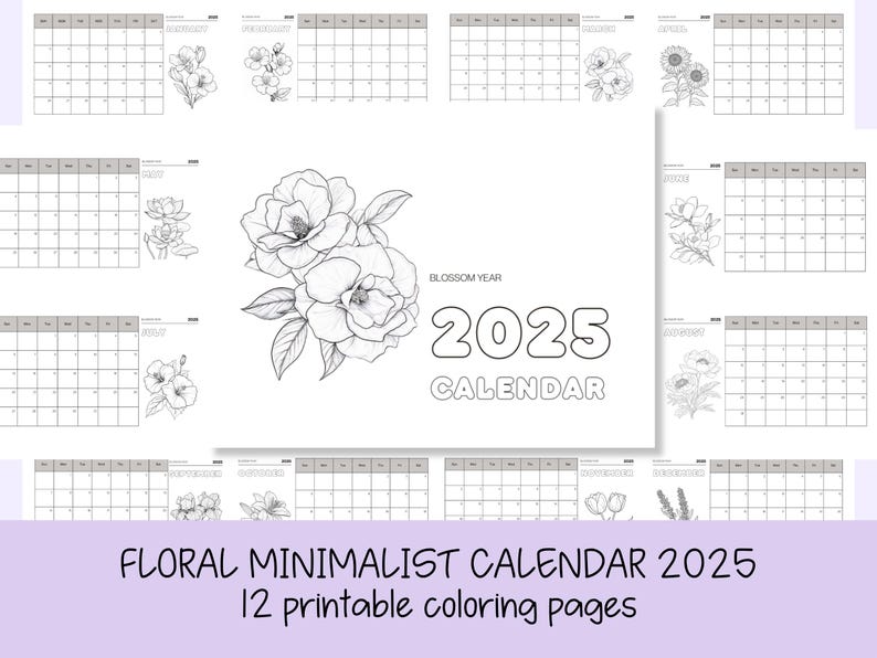 2025 Calendar Printable Floral Coloring Monthly Planner & Calendar Set ...