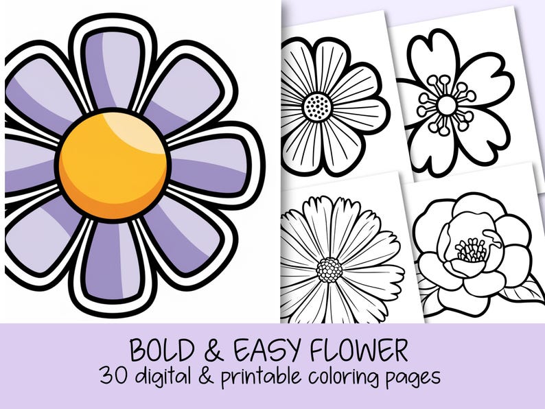 Flower Coloring Pages for Kids: Bold & Easy Art (printable PDF) - Etsy