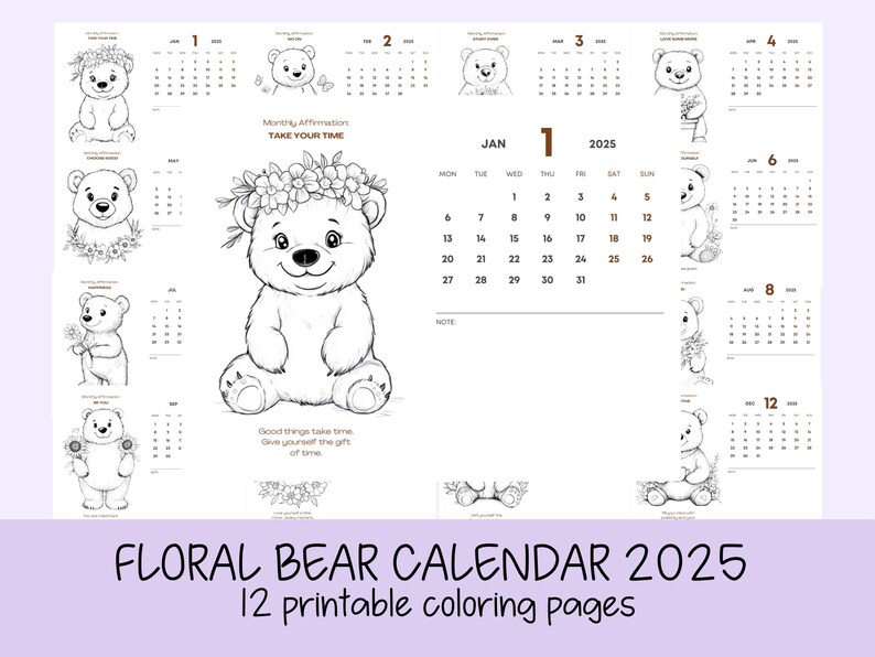 Calendario 2025 para imprimir, colorear, con diseño de osos florales ...