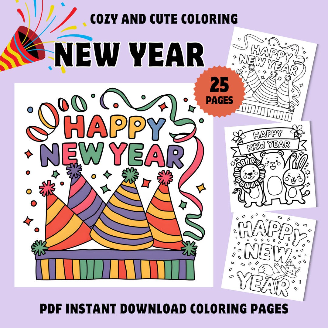 New Year Coloring Pages, Holiday Coloring Books (PDF Printable) - Etsy