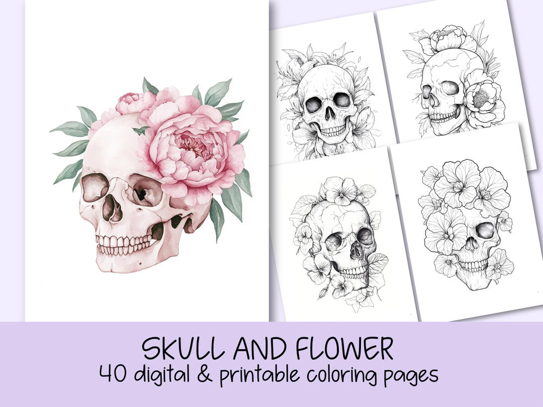 Flower Skulls Coloring Page for Adults and Kids Grayscale Skull and ...