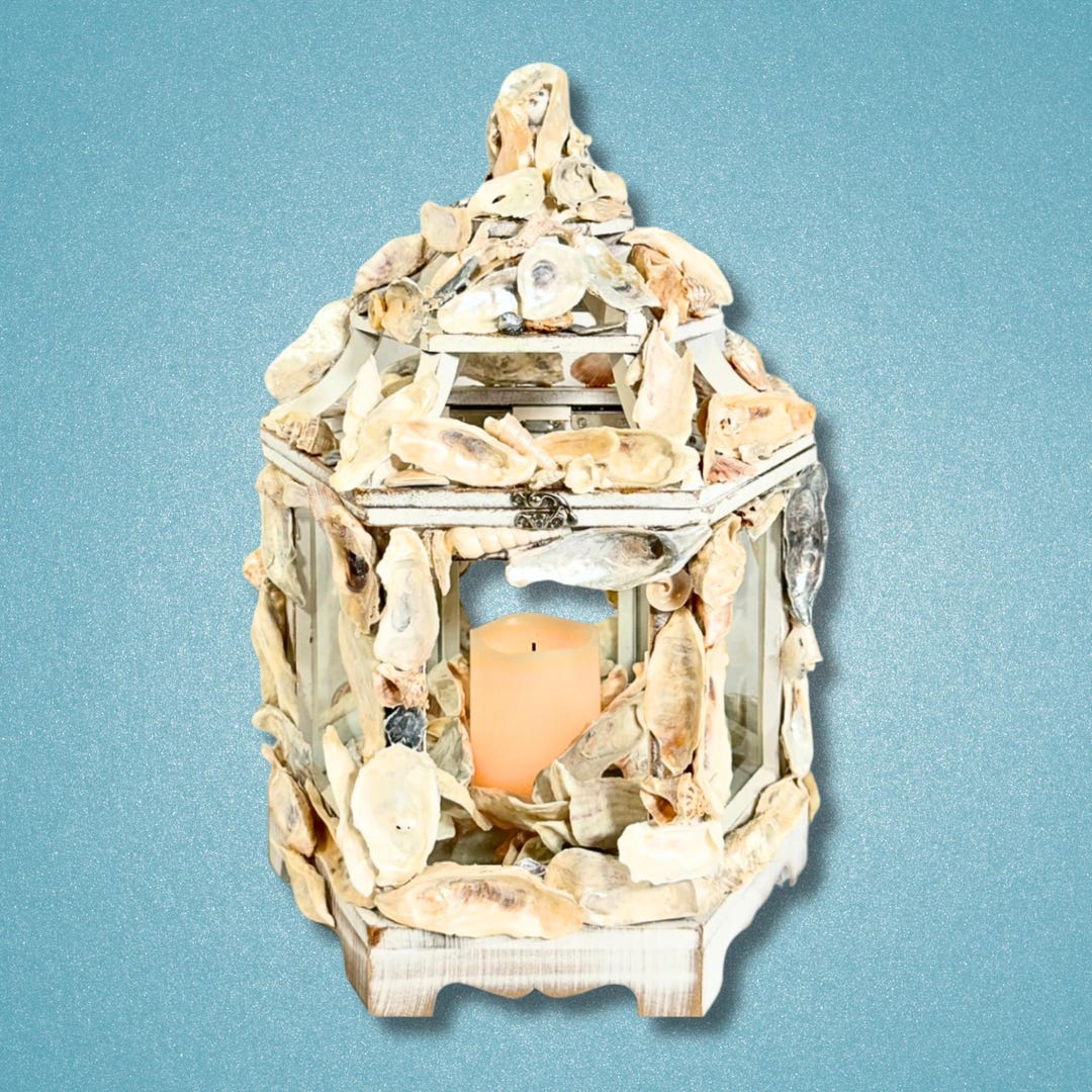 Coastal Lantern Set in Whitewashed Wood W/oyster Shells, Pre-lit LED ...