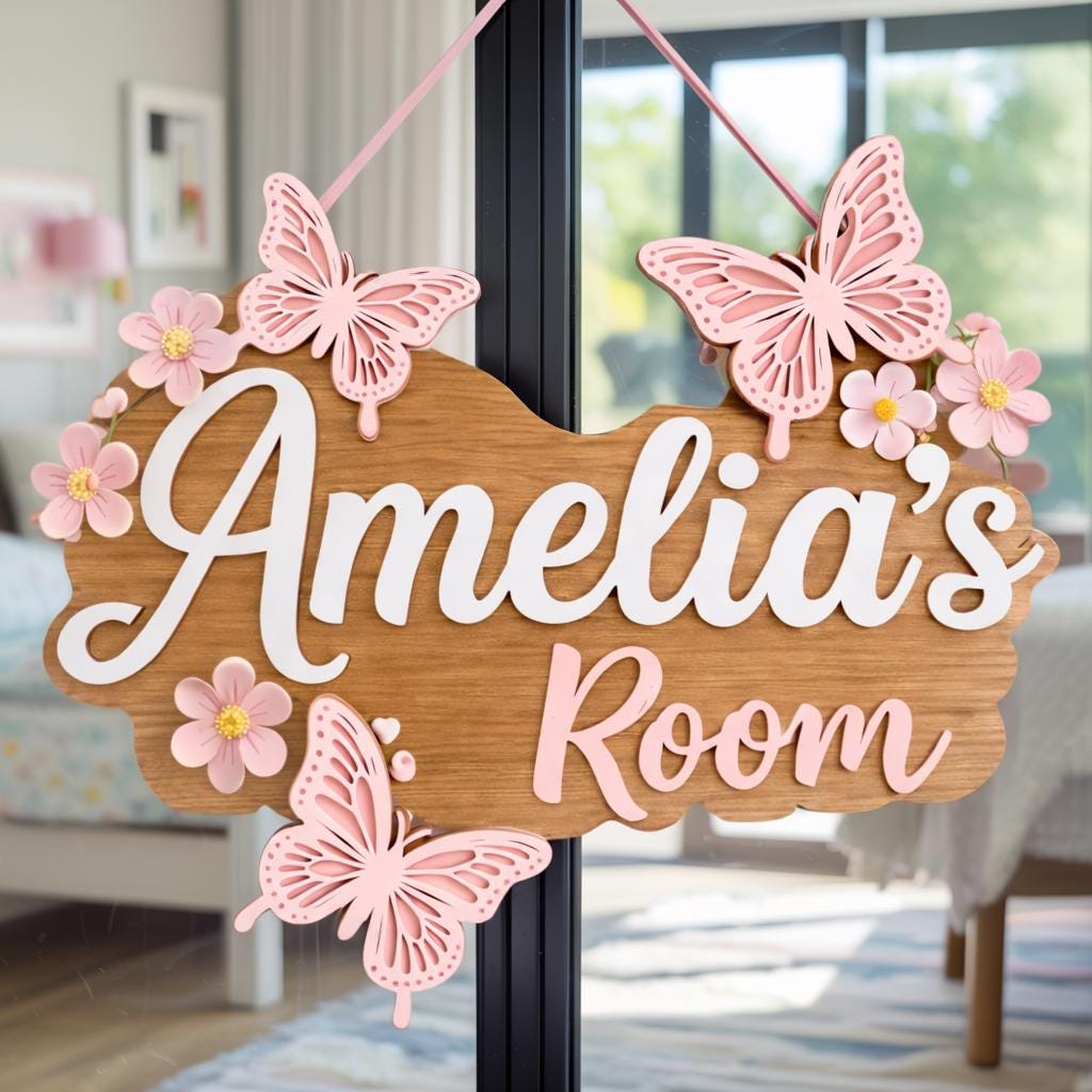 Personalized Girl Room Wooden Door Sign, Custom Nursery Name Sign With ...