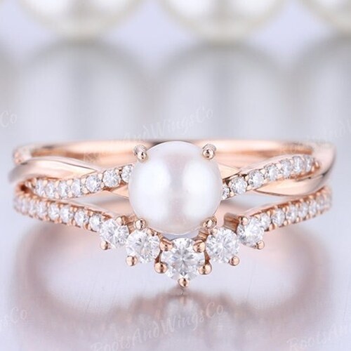 Akoya Pearl Engagement Ring Set Rose Gold Vintage Pearl Ring - Etsy Akoya Pearl Engagement Ring Set Rose Gold Vintage Pearl Ring - Etsy