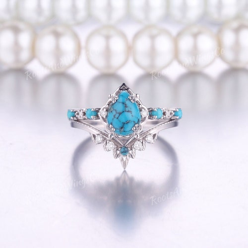 Vintage Pear Shaped Turquoise Engagement Ring Set White Gold - Etsy