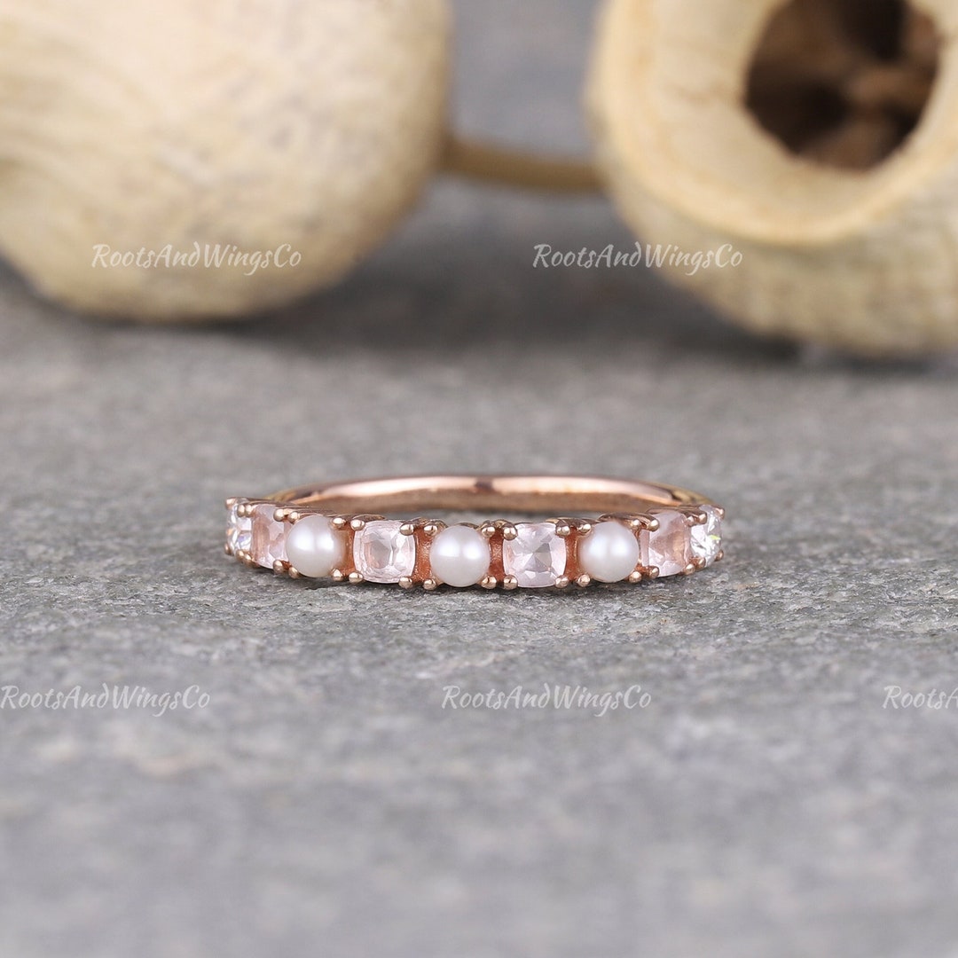 Art Deco Pearl Wedding Band Rose Quartz Wedding Ring Rose Gold - Etsy