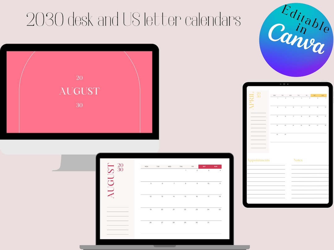 Minimalist 2030 Desk & US Letter Calendar Editable, Printable Digital ...