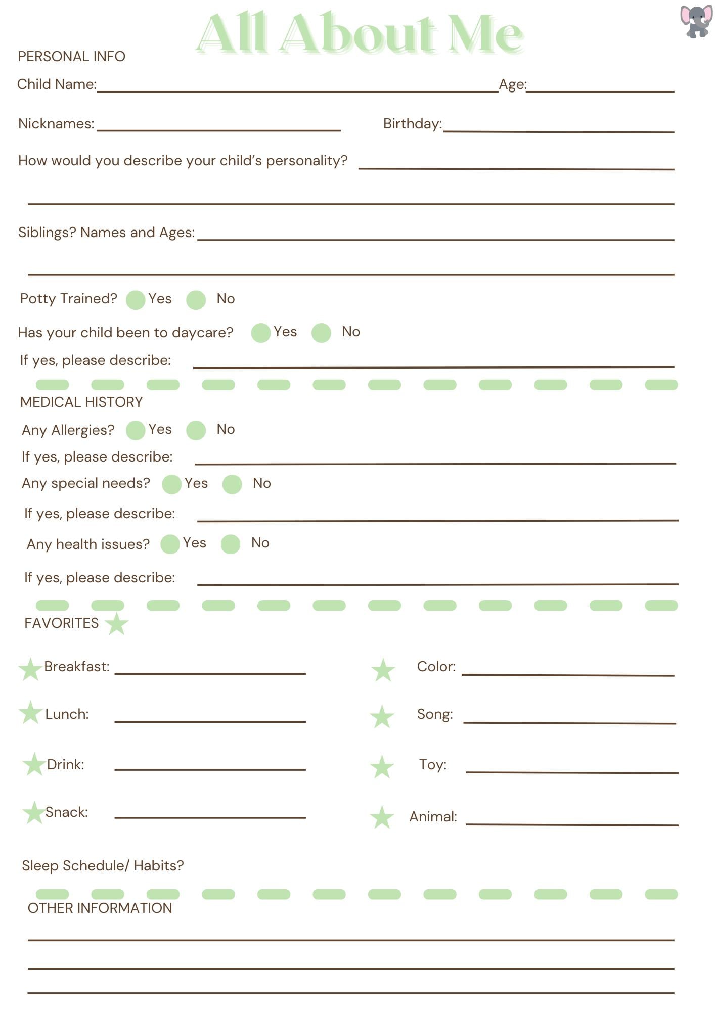 Daycare Forms Bundle: Childcare Registration, 'all About Me' (printable ...