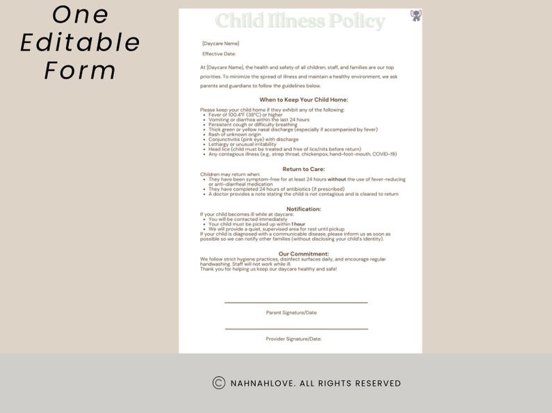 Editable Daycare Child Illness Policy | Printable A4 Form (PDF) - Etsy