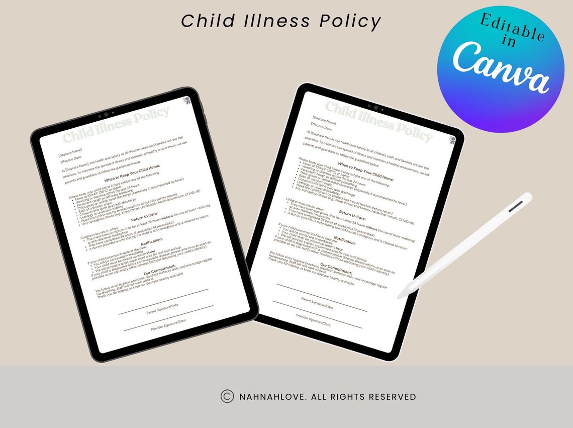 Editable Daycare Child Illness Policy | Printable A4 Form (PDF) - Etsy