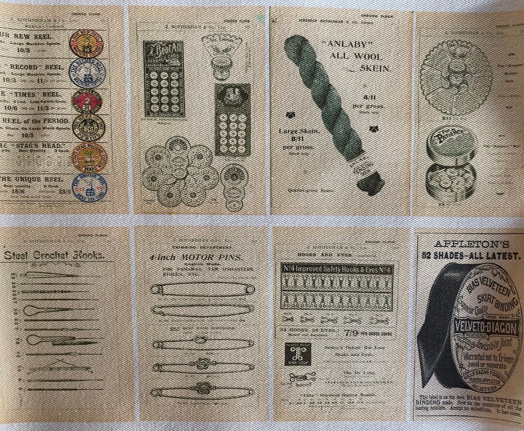 8 - (stitching Notion Advertisements) - Printed on Coffee Dyed, Cotton ...