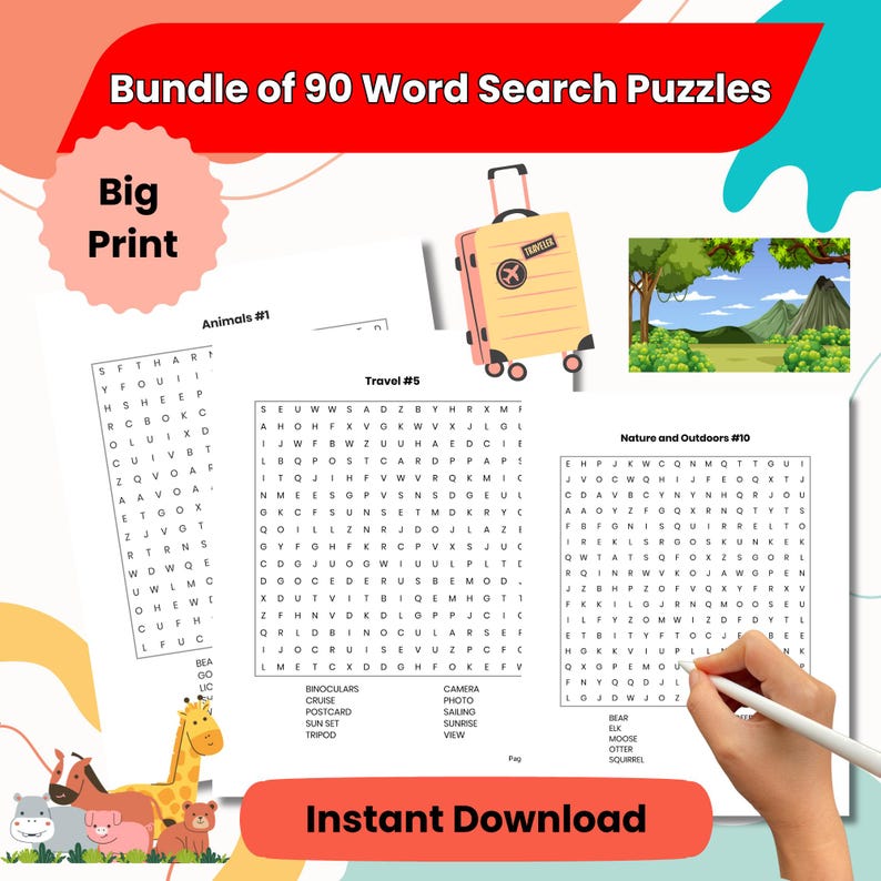Word Search Puzzle Printable Bundle, Animals, Travel, and Nature ...